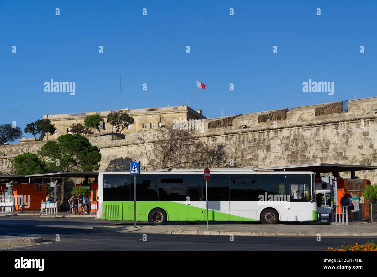 Valletta, Malta Public Transport Bus parked at terminal. Green & white ...