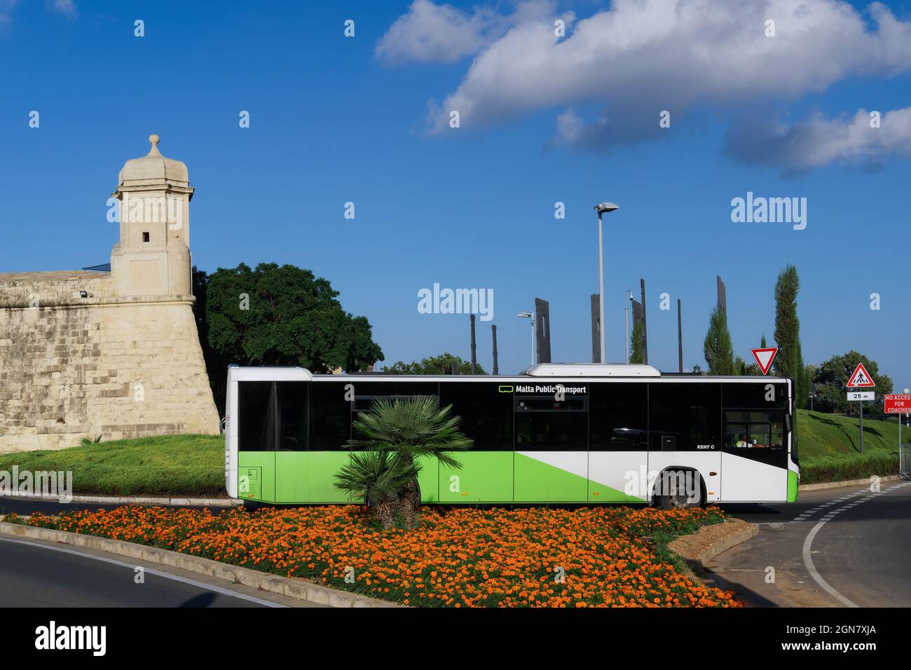 Valletta, Malta Public Transport Bus departing terminal. Green & white ...