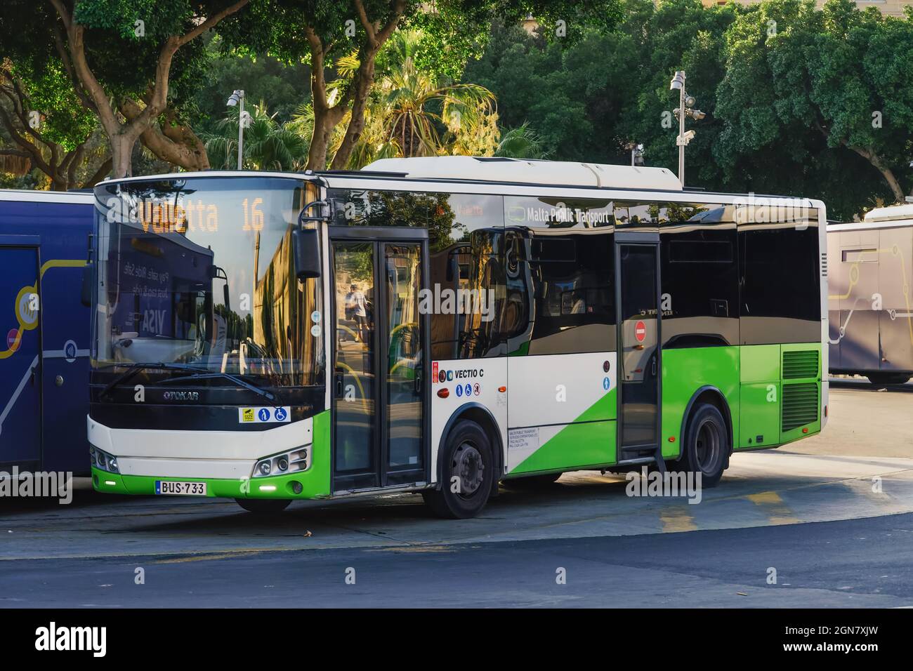 Valletta, Malta Public Transport Bus at terminal. Green & white diesel ...