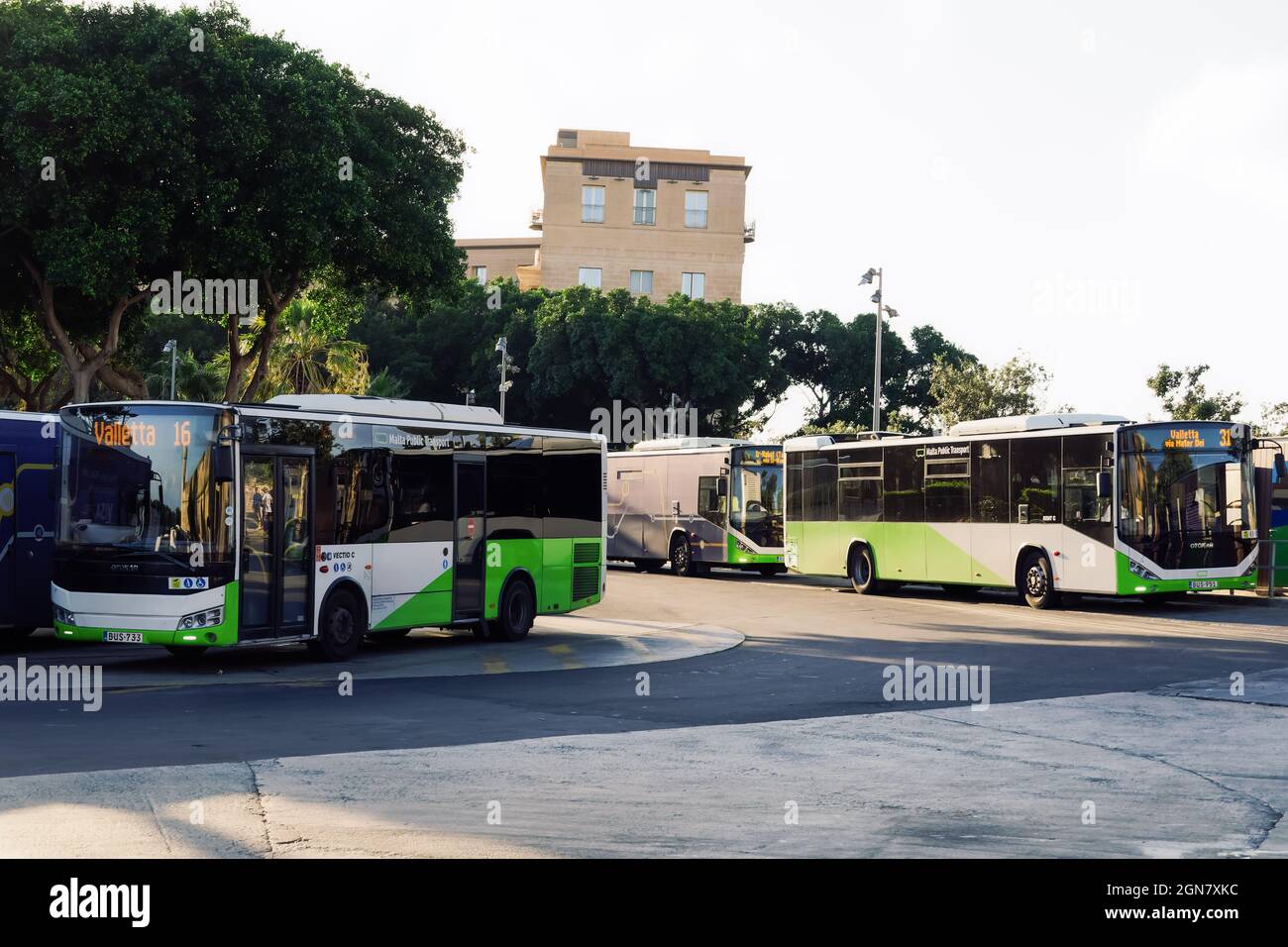 Valletta, Malta Public Transport Buses at terminal. Green & white ...