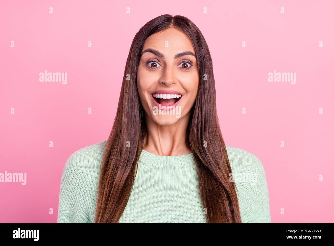 Photo of young cheerful woman happy positive smile amazed omg news sale ...