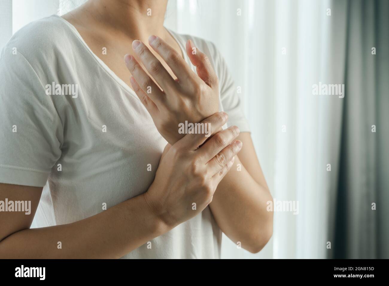 woman wrist arm pain. office syndrome healthcare and medicine concept ...