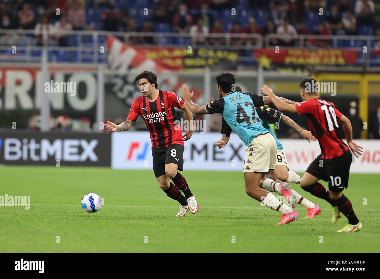 Sandro Tonali of AC Milan in action during the Serie A 2021/22 football ...
