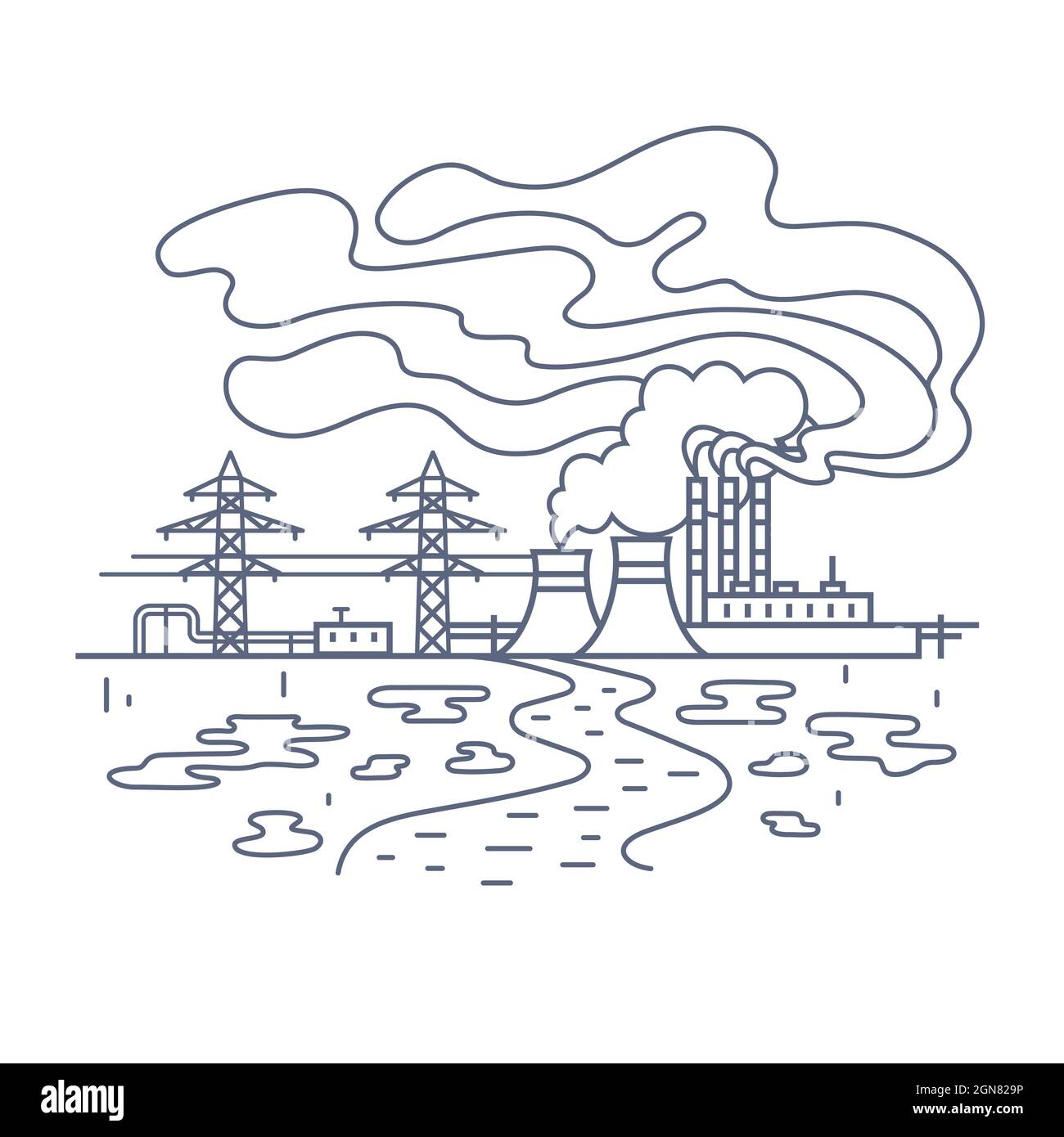 Factory pollutions concept. Vector line illustration of energy plant ...