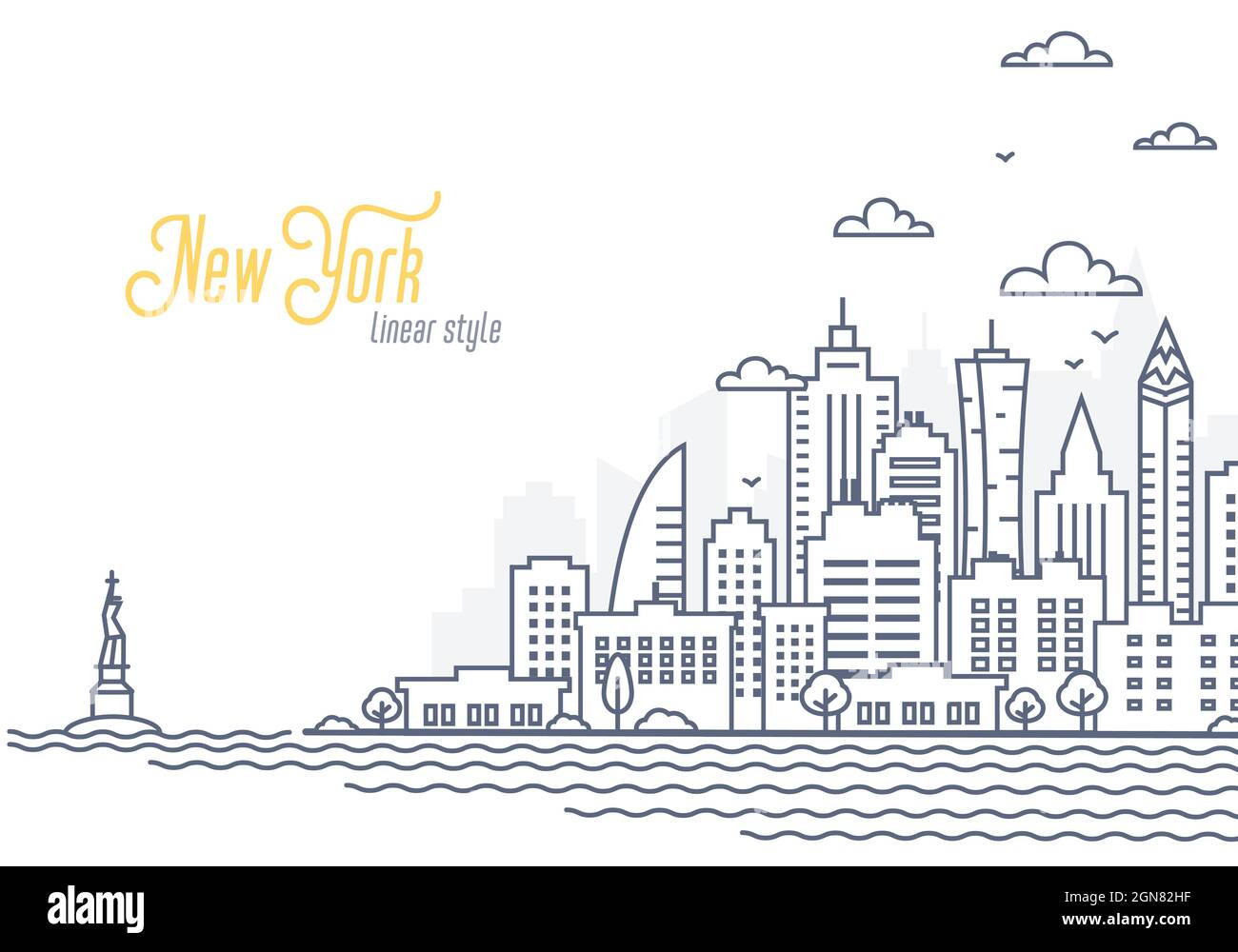 New York City landscape template. Thin line Cityscape, Manhattan or ...