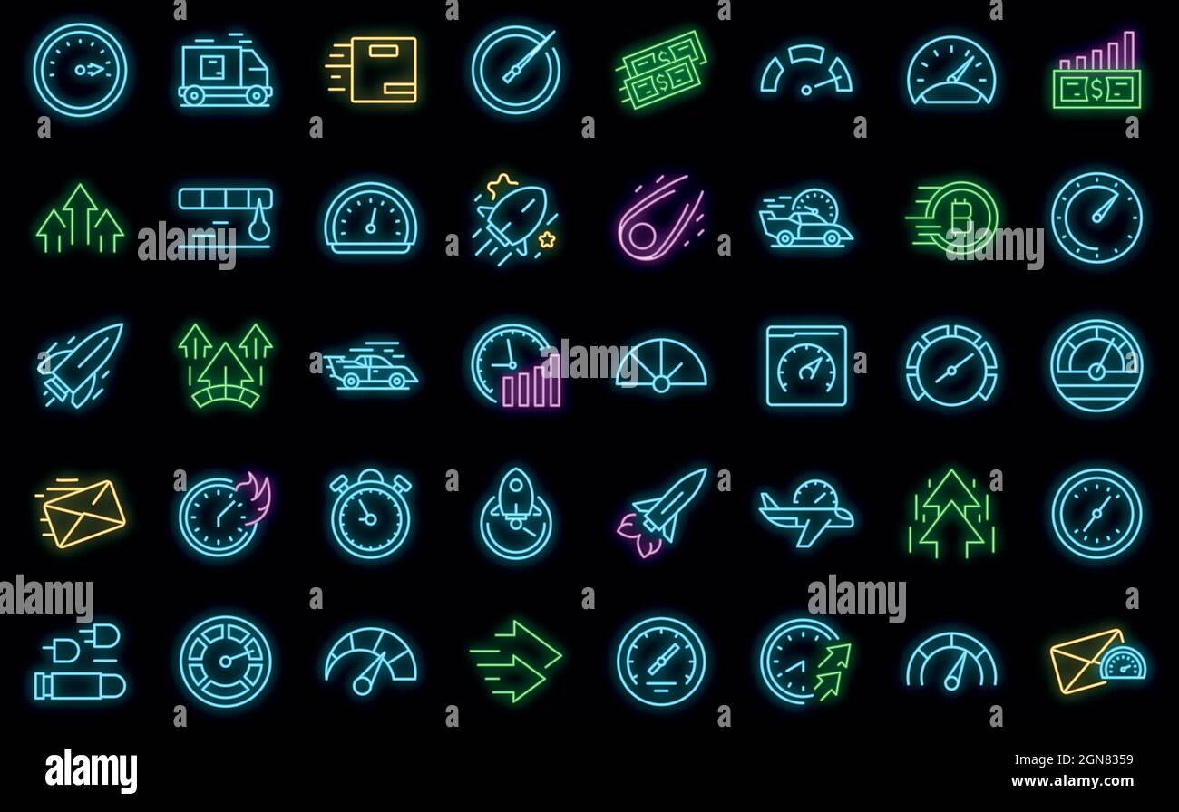 Velocity icons set. Outline set of velocity vector icons neon color on ...