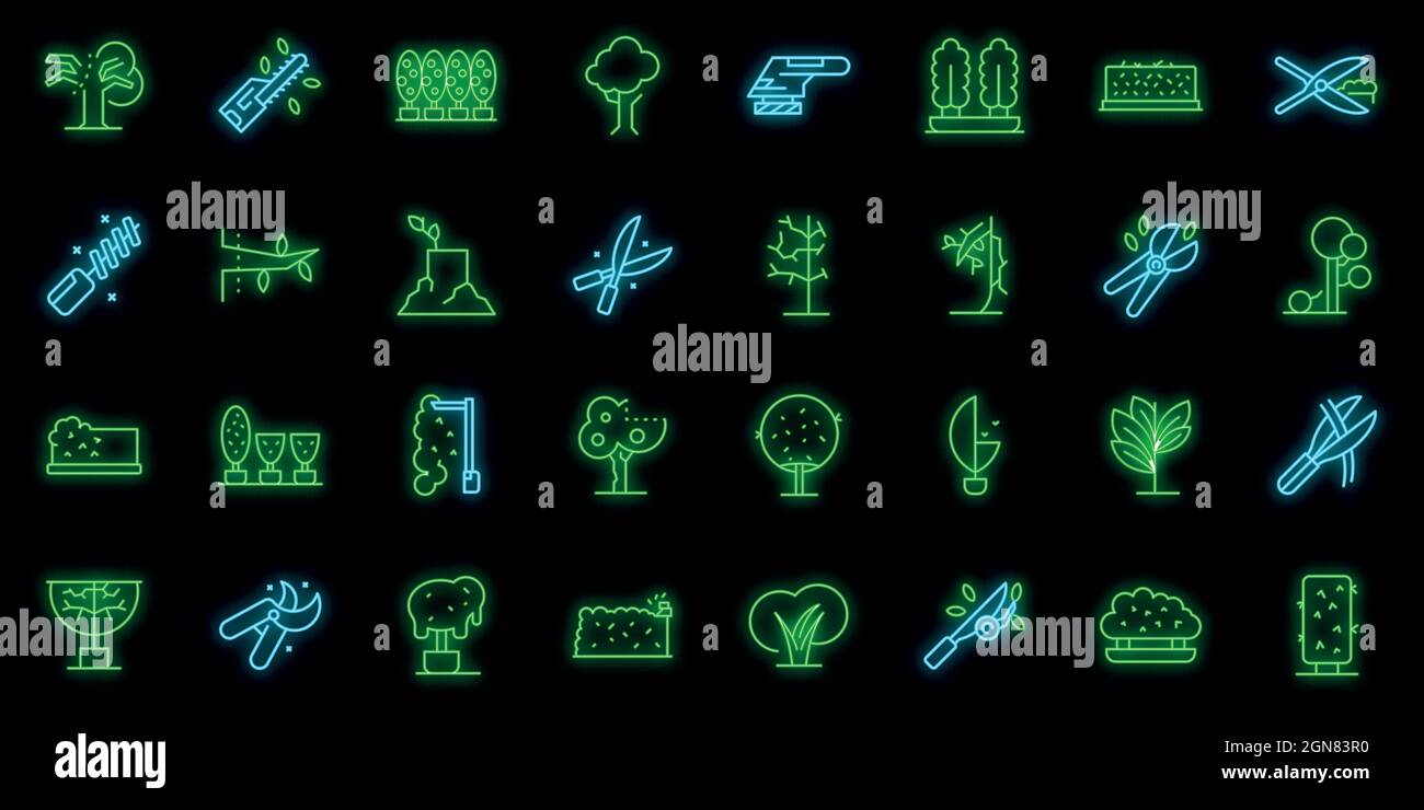 Tree trimming icons set outline vector. Tree woodcutter. Work neon ...