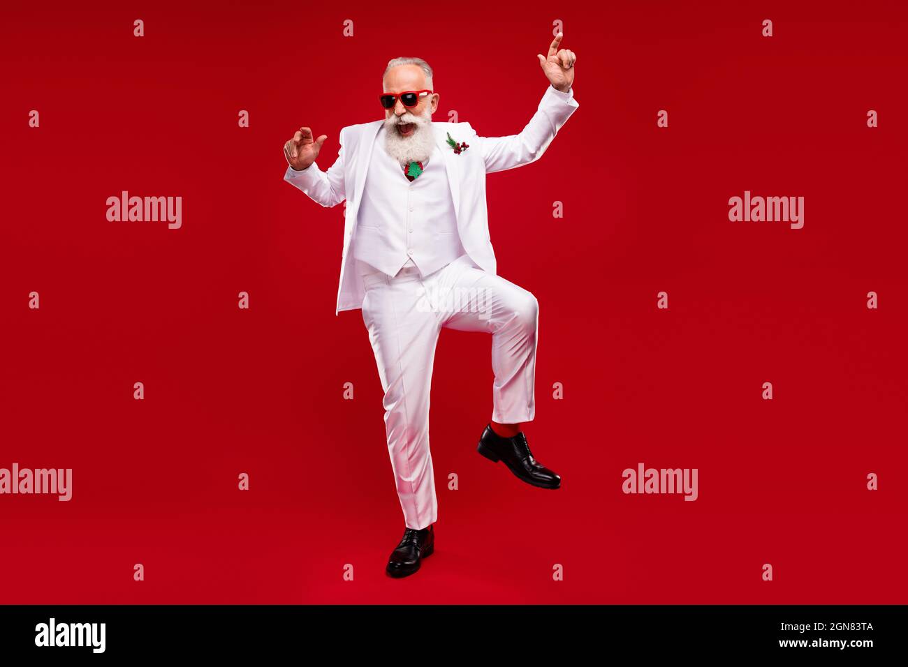 Full body photo of funky old cheerful man dance wear three piece suit ...