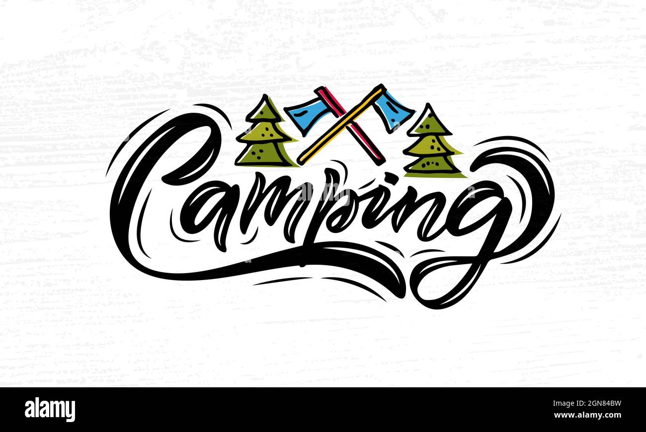 Hand sketched camping lettering typography. Concept for hiking camp ...