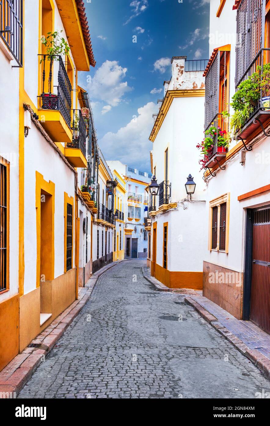 Cordoba, Spain. Medieval cobbled street, with andalusian architecture ...