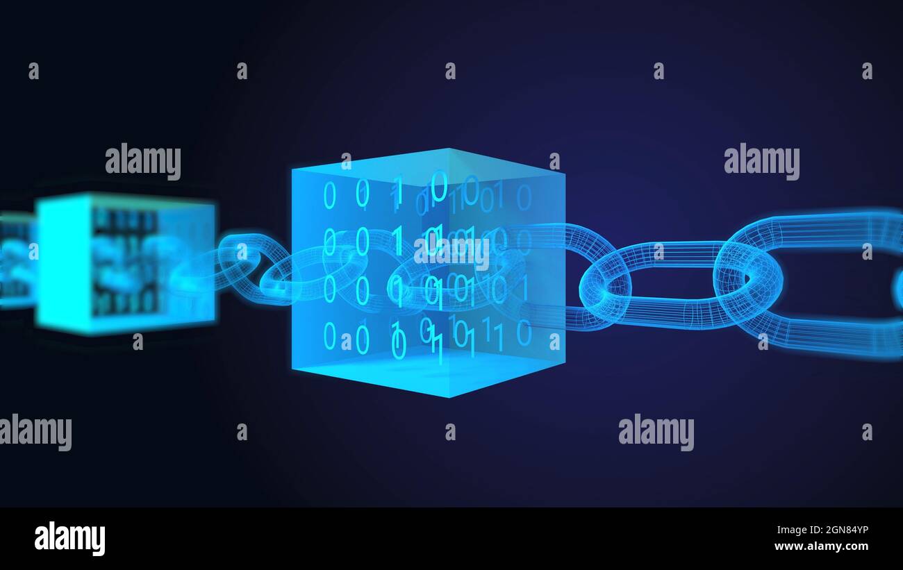 3D illustration of cubes with binary numbers inside with blockchain on ...