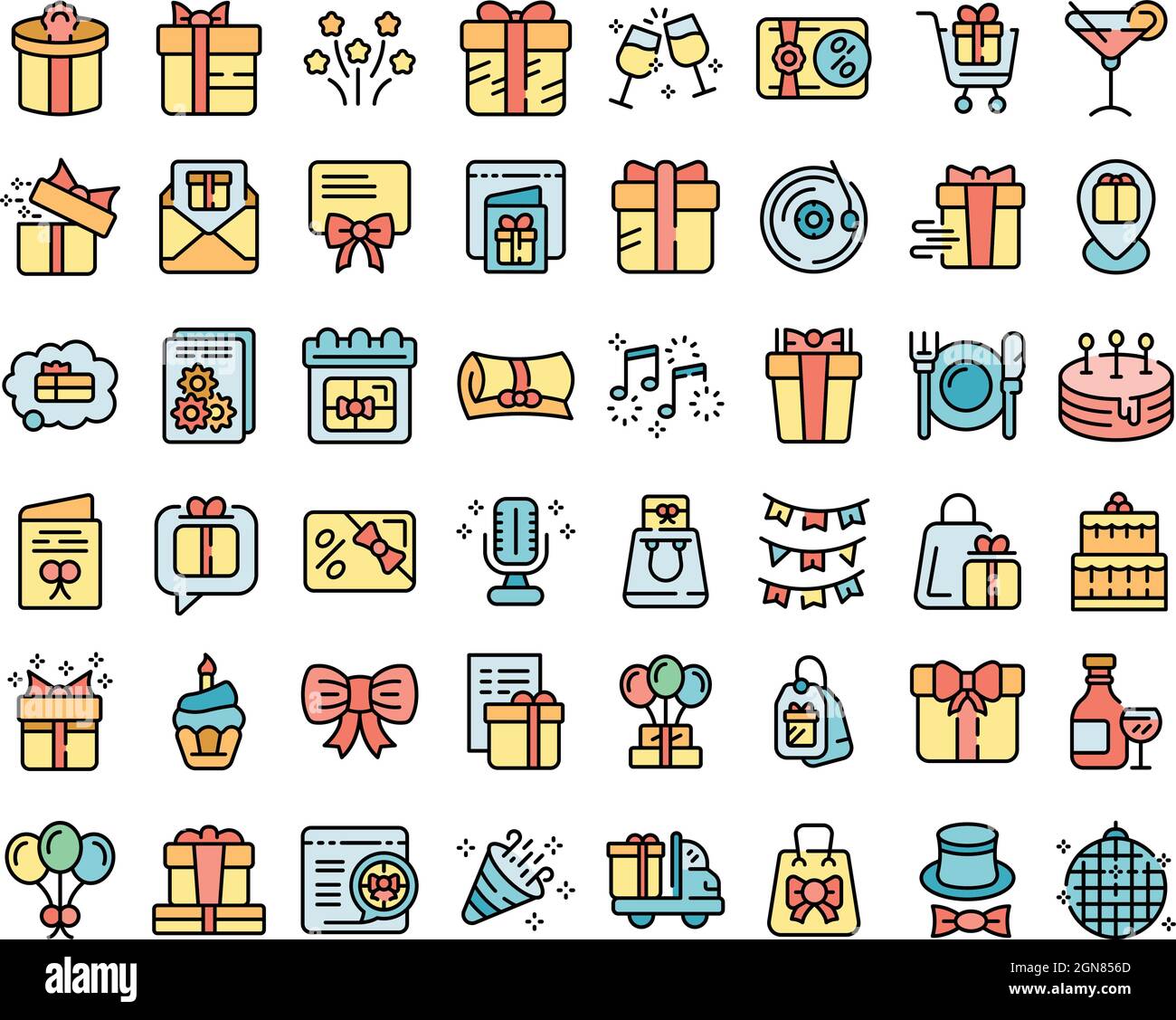 Birthday gift icons set outline vector. Box present. Ribbon package ...