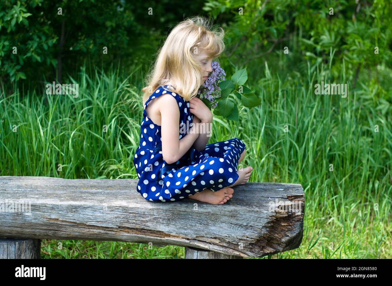 beautiful sad blond girl sitting in bench holding flower Stock Photo ...
