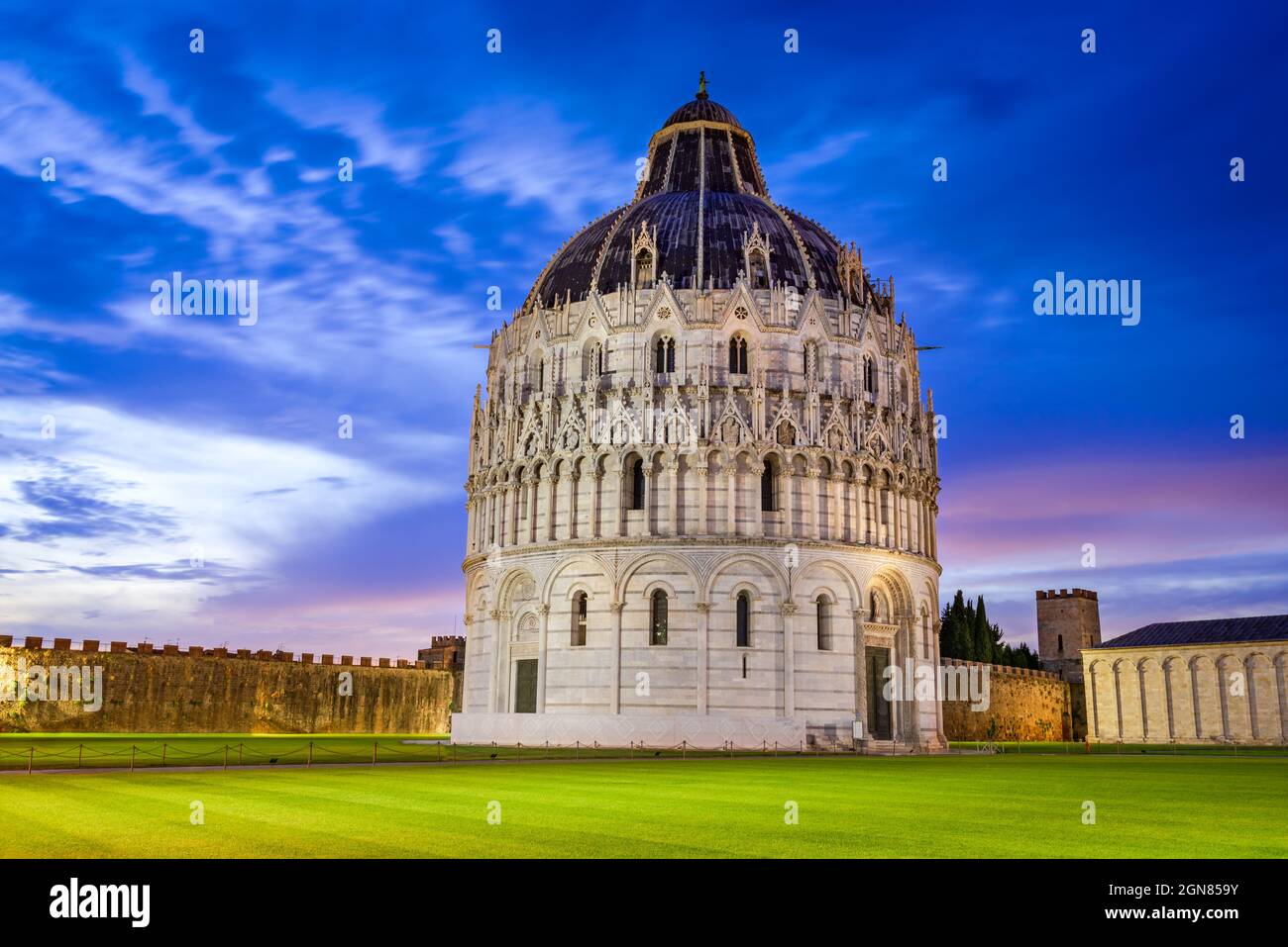Pisa, Italy. Sunset twilight colored sky with Campo dei Miracoli and ...