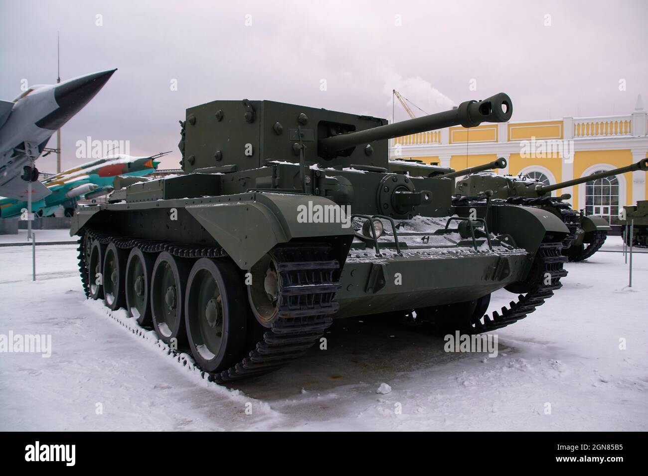 a Soviet tank at the training ground in winter.Russian military ...