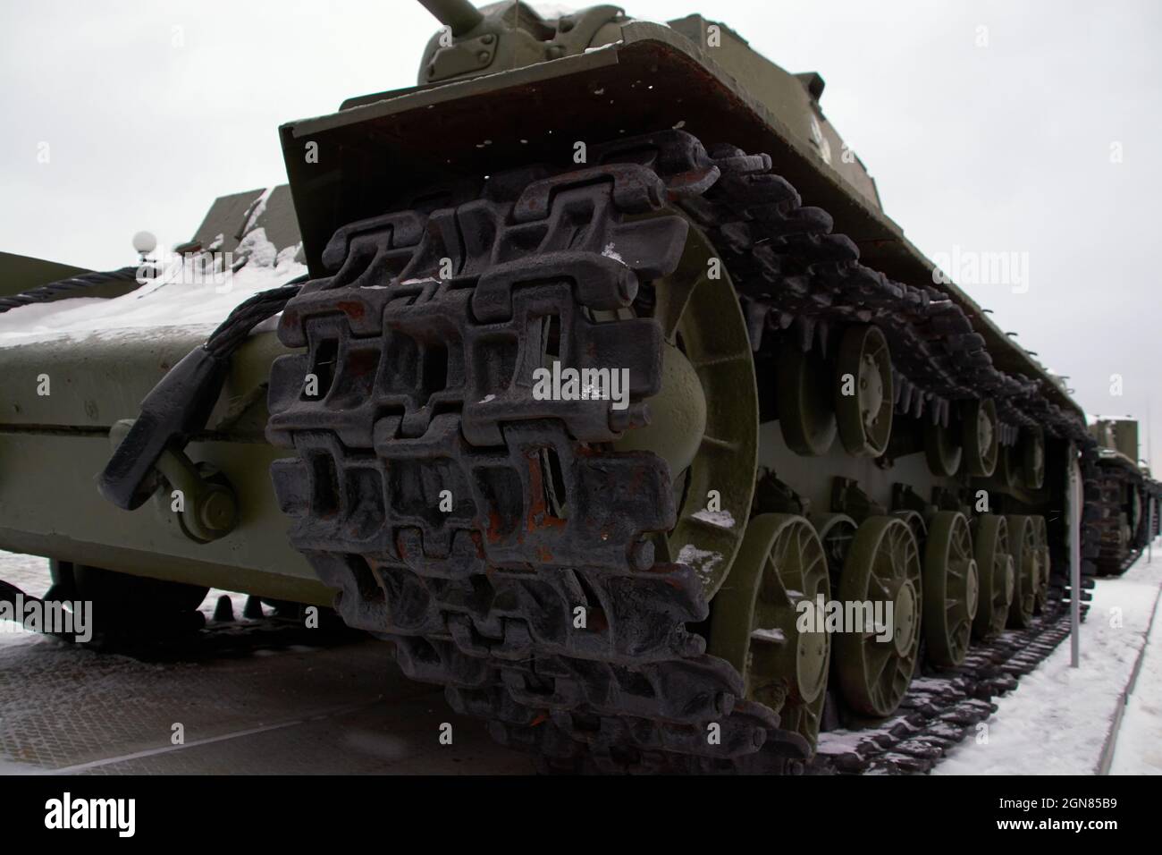 a Soviet tank at the training ground in winter.Russian military ...