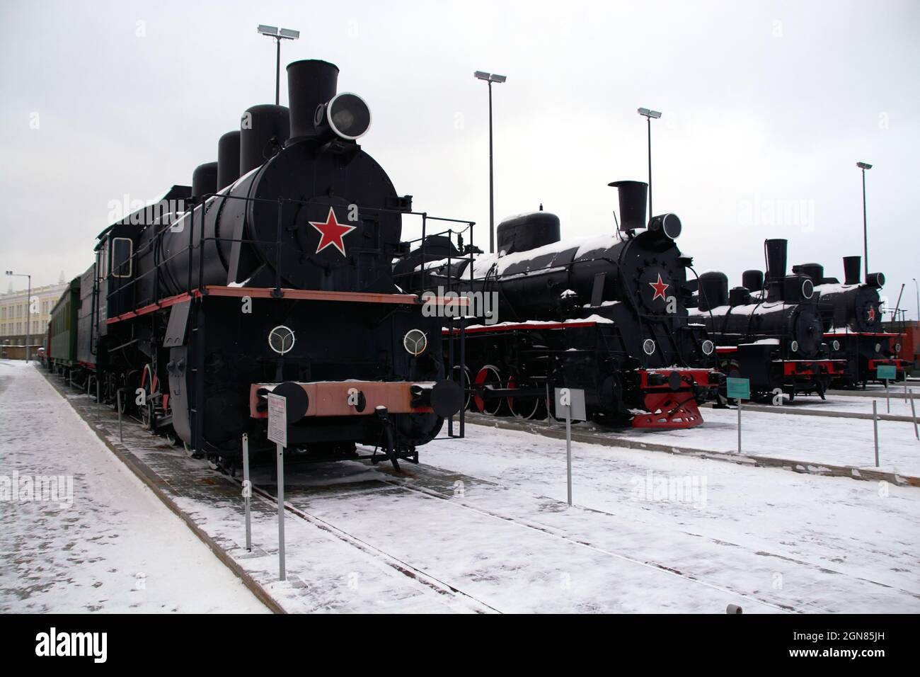 black Soviet steam locomotives at the old railway station Stock Photo ...