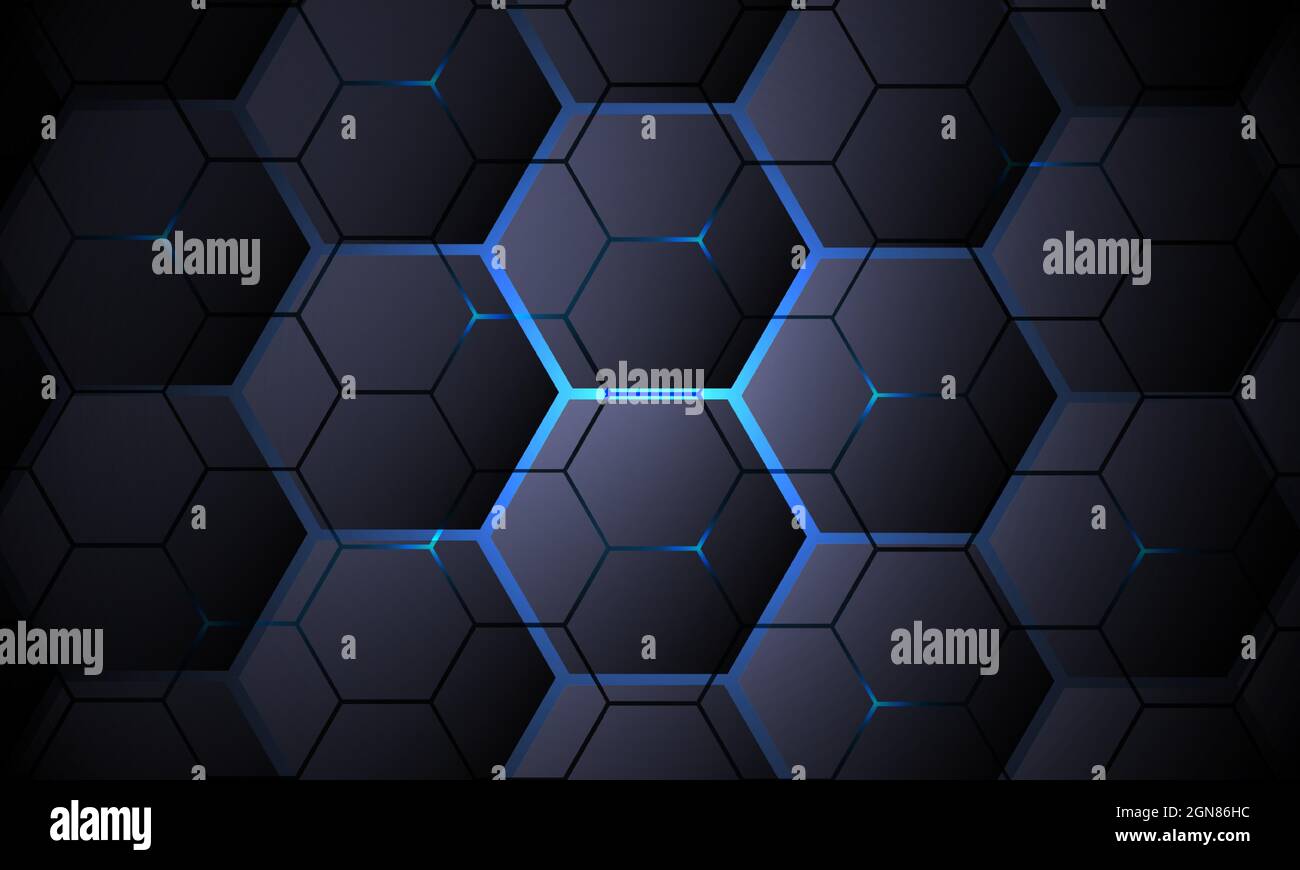Dark gray hexagonal technology vector abstract background. Blue bright energy flashes under ...
