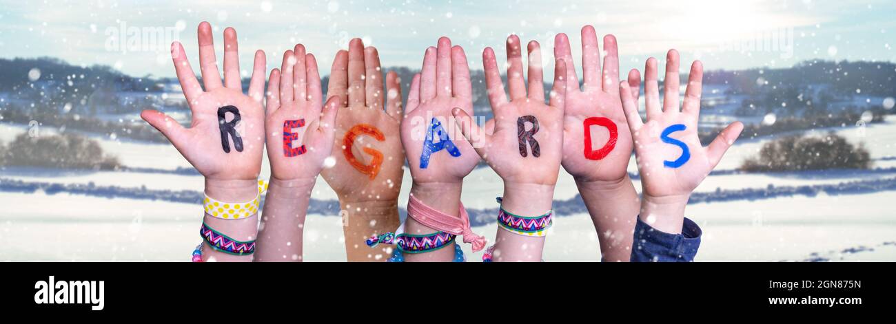 Children Hands Building Word Regards, Snowy Winter Background Stock ...