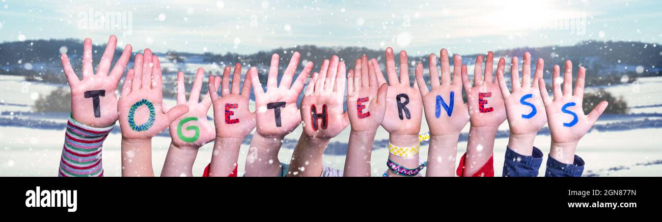 Children Hands Building Word Togetherness, Snowy Winter Background ...