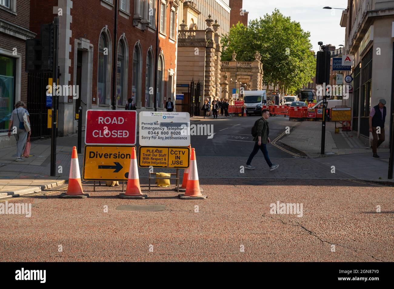 A view looking up Surrey Street Norwich with roadworks making it a ...