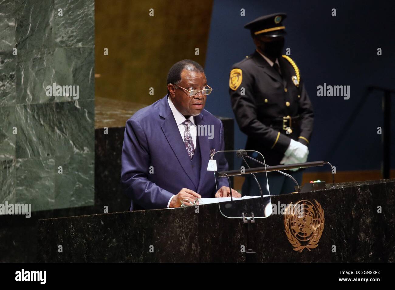 The President of Namibia, Hage Geingob speaks at the 76th session of ...