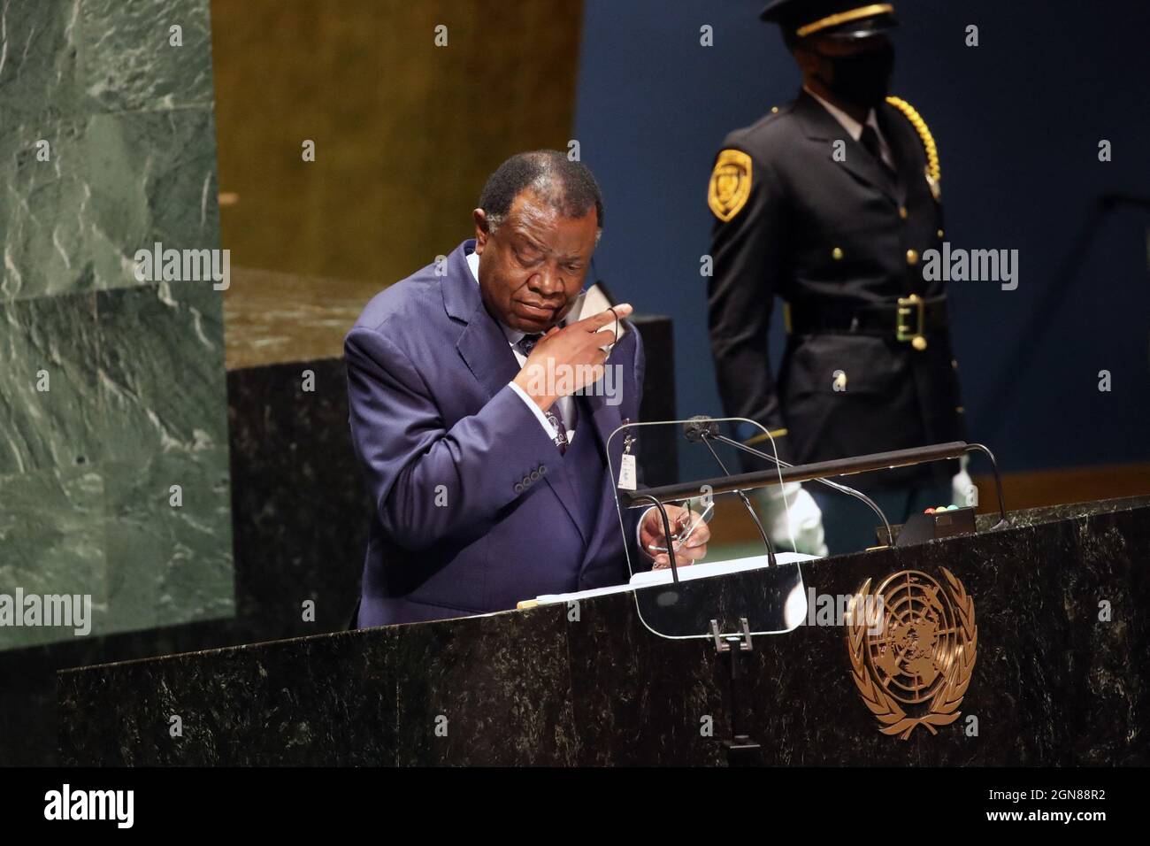 The President of Namibia, Hage Geingob speaks at the 76th session of ...