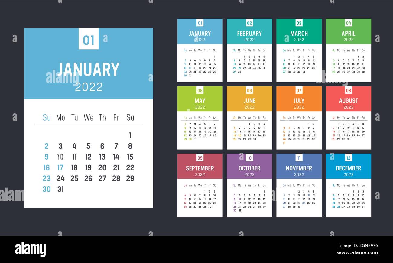 Year 2022 colorful minimalist monthly calendar on black background ...