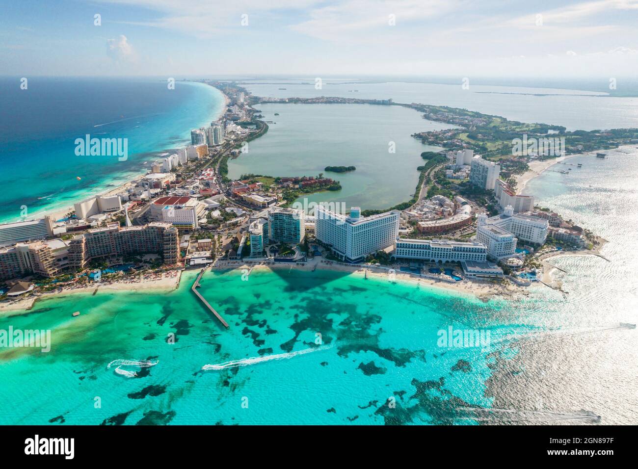 Aerial panoramic view of Cancun beach and city hotel zone in Mexico ...