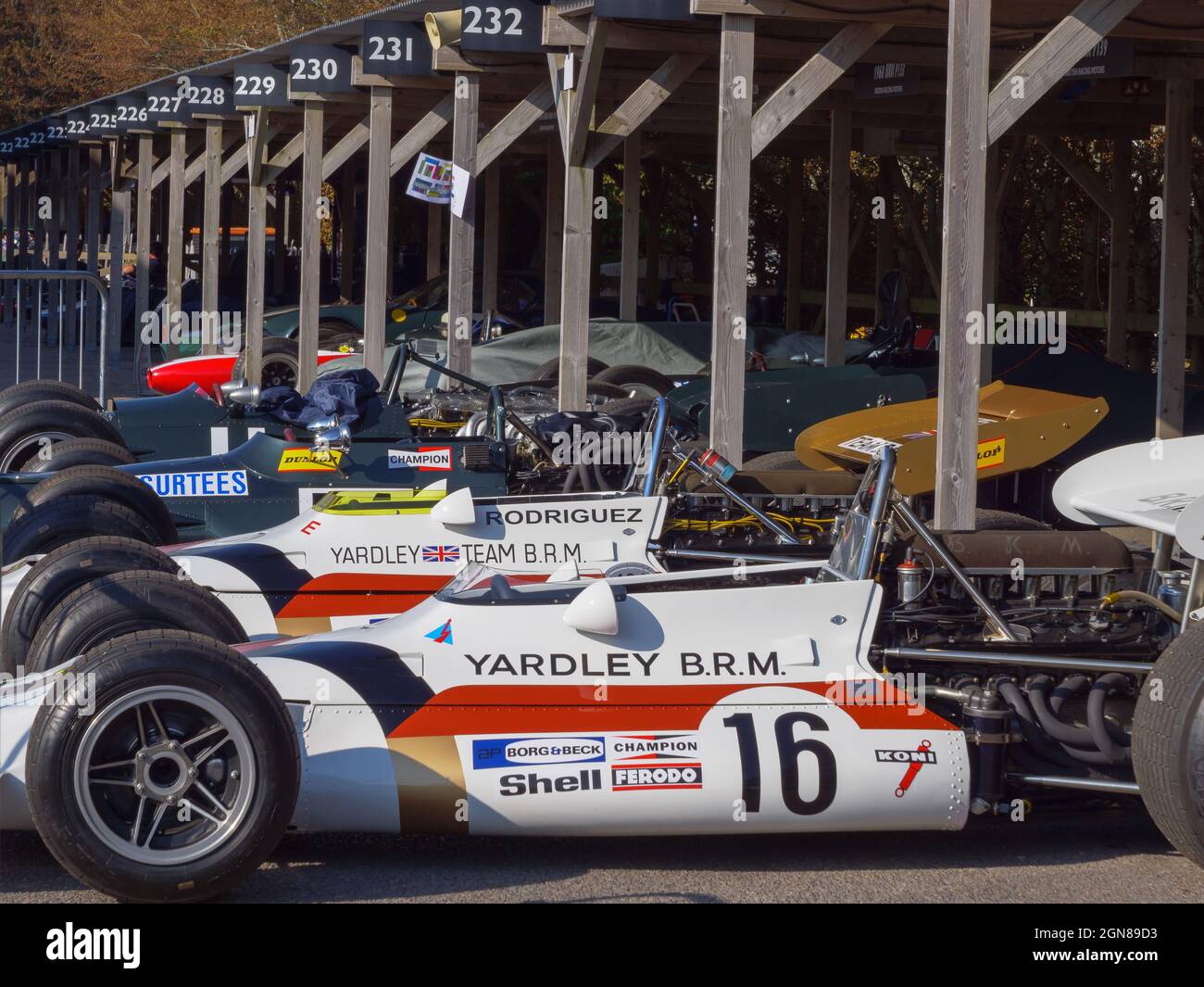 Line of BRM racing cars at the Goodwood Revival 2021, West Sussex, uk ...