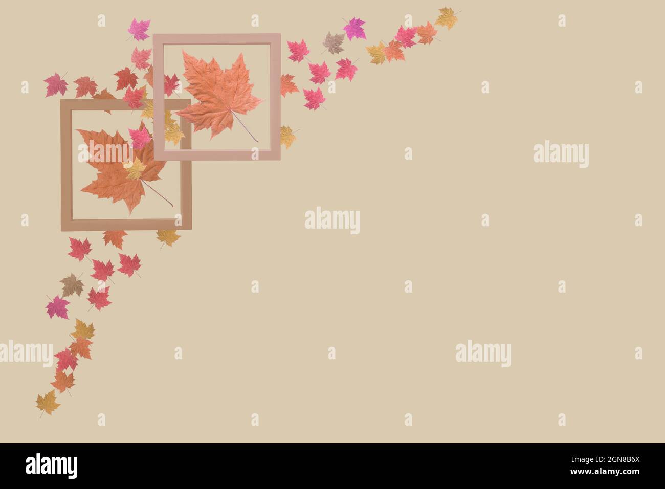 Autumn leaves falling through picture frames on an oatmeal background ...