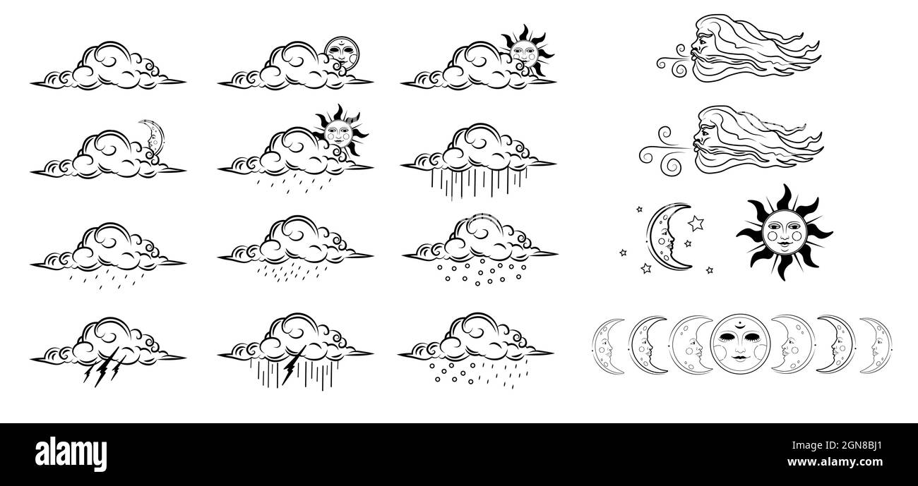 Vector set of the vintage weather icons with moon phases outline Stock ...