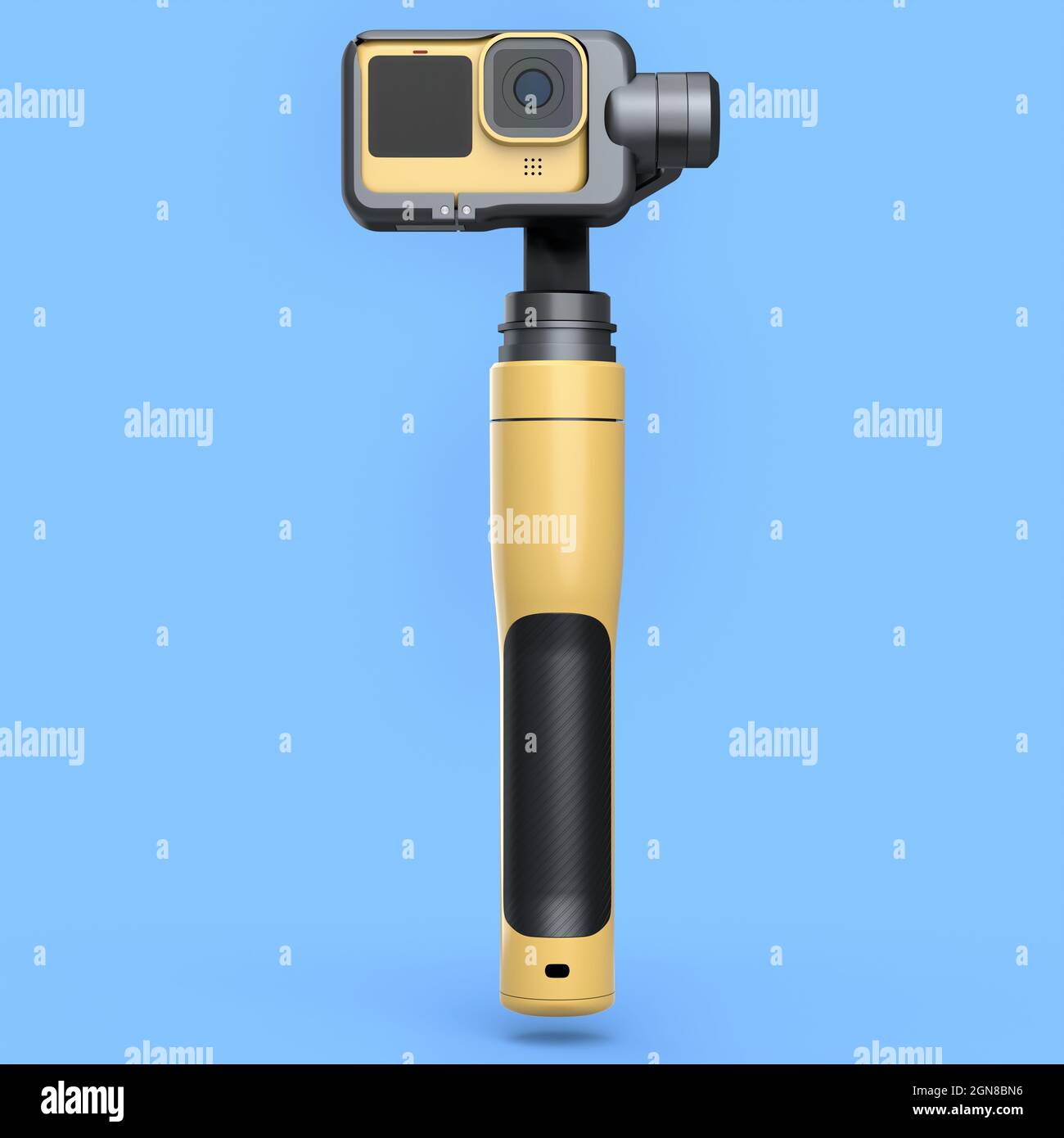 Photo and video lightweight yellow action camera with steadicam on blue ...