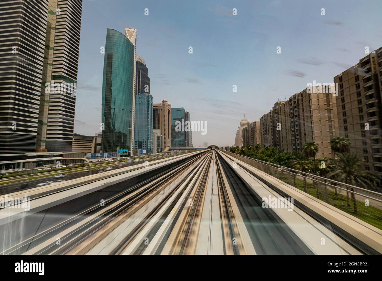 Dubai metro railroad in motion. View from the train. Dubai, UAE Stock ...