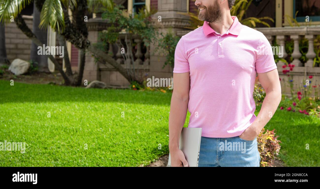 realtor in suburb neighborhood. man purchasing house for investment ...