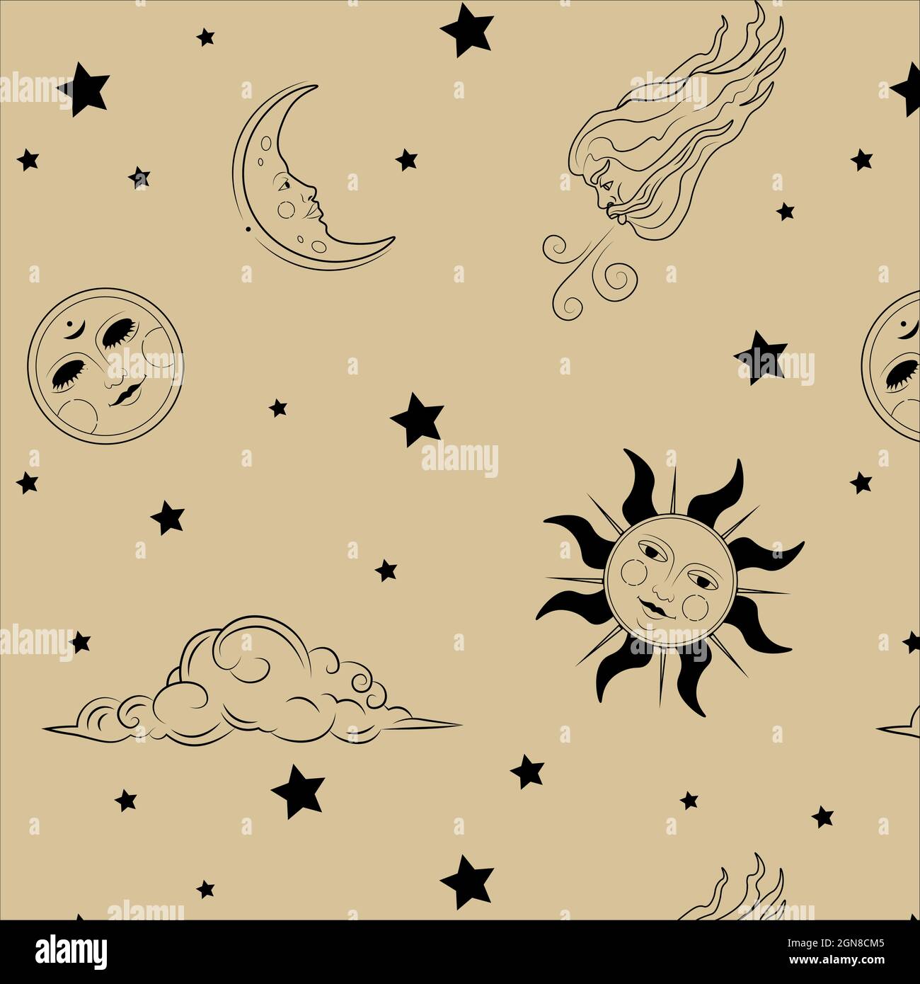 Vector pattern with vintage sun,moon and stars,wind and clouds Stock ...