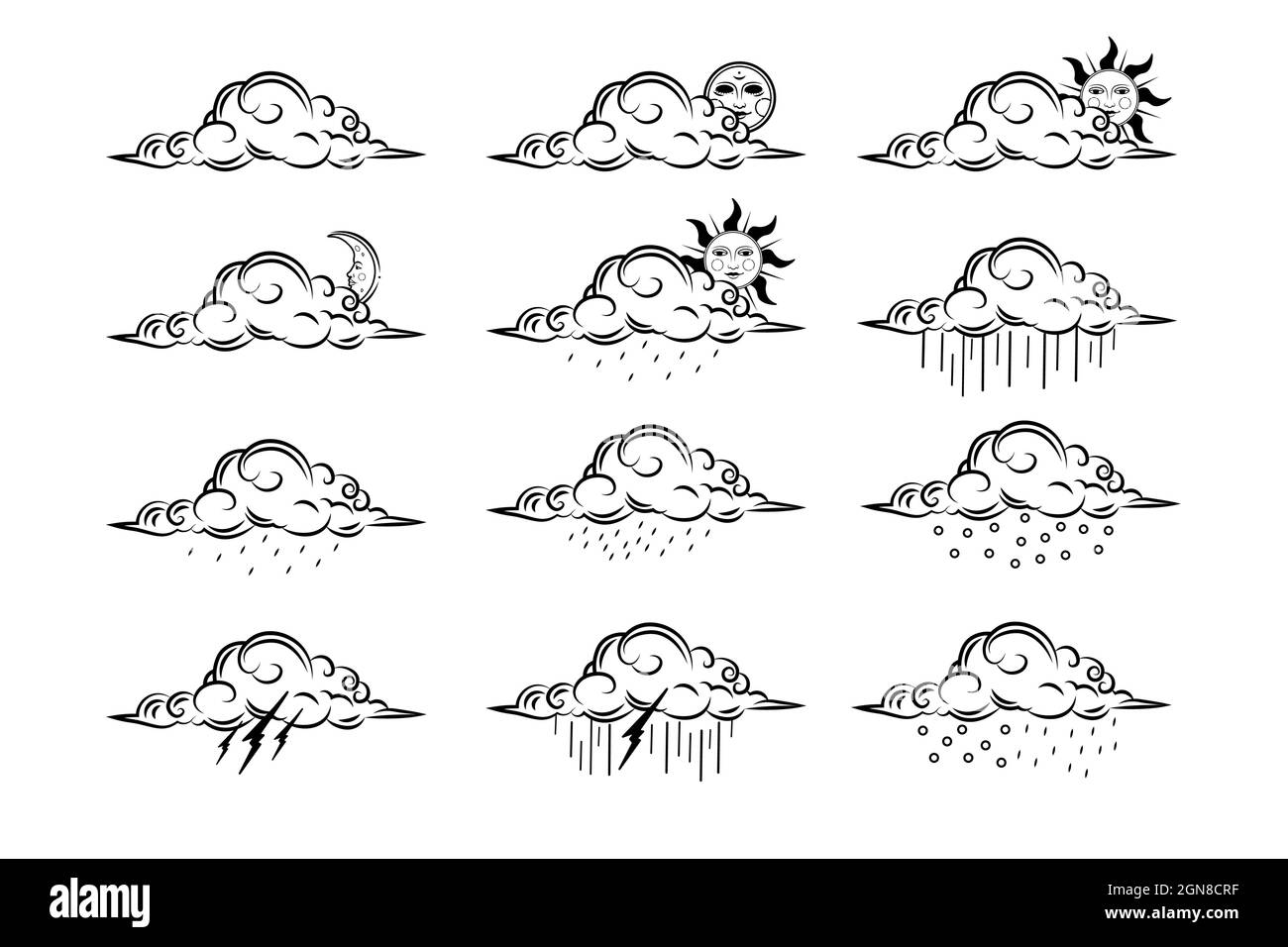 Vector set of the vintage weather icons outline black Stock Vector ...