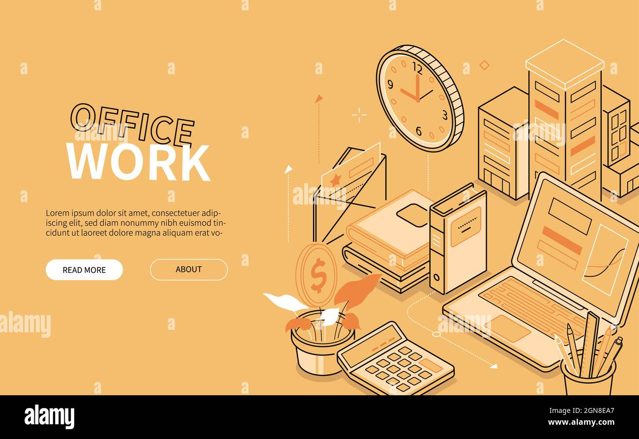 Office work - line design style isometric web banner on orange ...