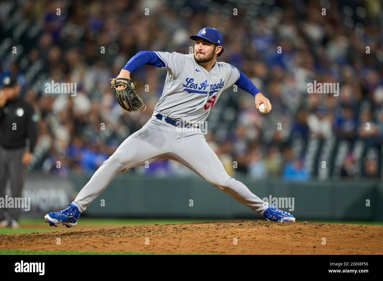 Denver CO, USA. 22nd Sep, 2021. Dodger pitcher Alex Vesia (51) throws a ...