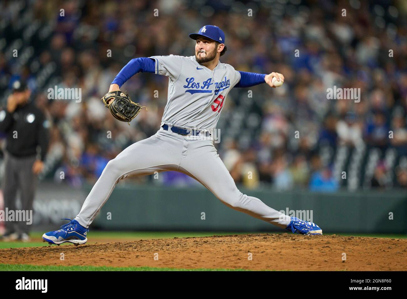 Denver CO, USA. 22nd Sep, 2021. Dodger pitcher Alex Vesia (51) throws a ...