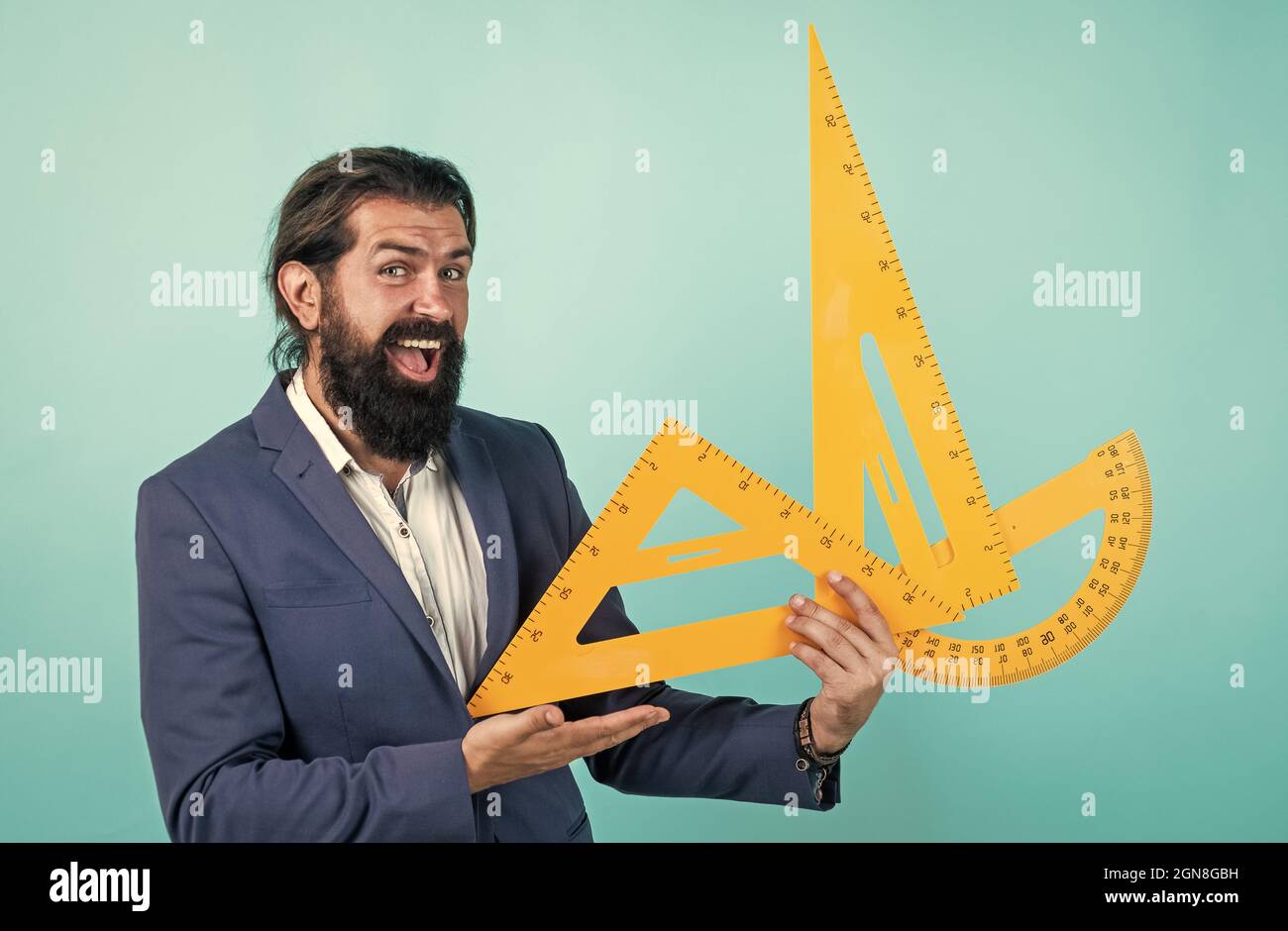 teacher of arithmetic with happy face holding protractor and triangle ...