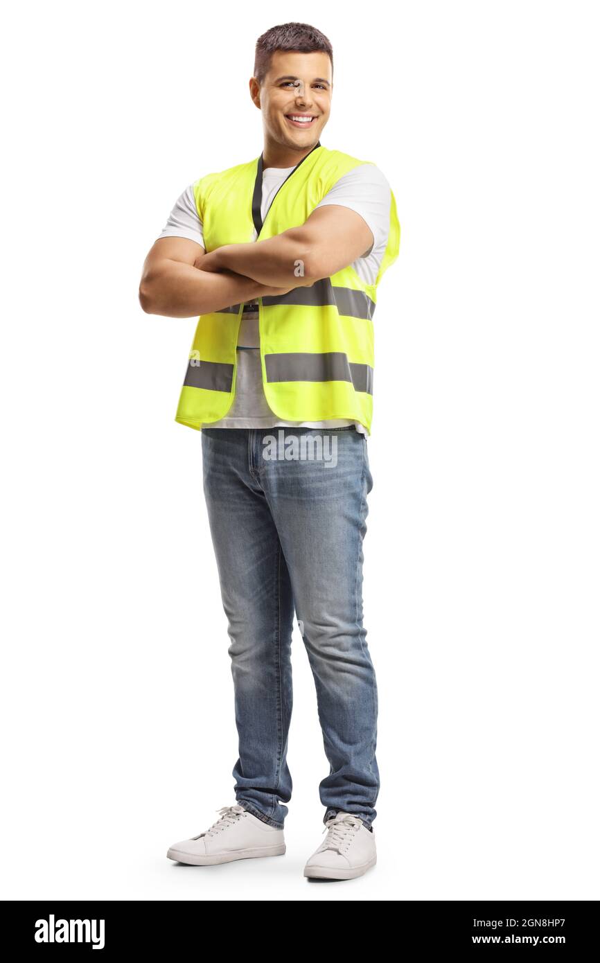 Full length portrait of a smiling security officer in a safety vest ...