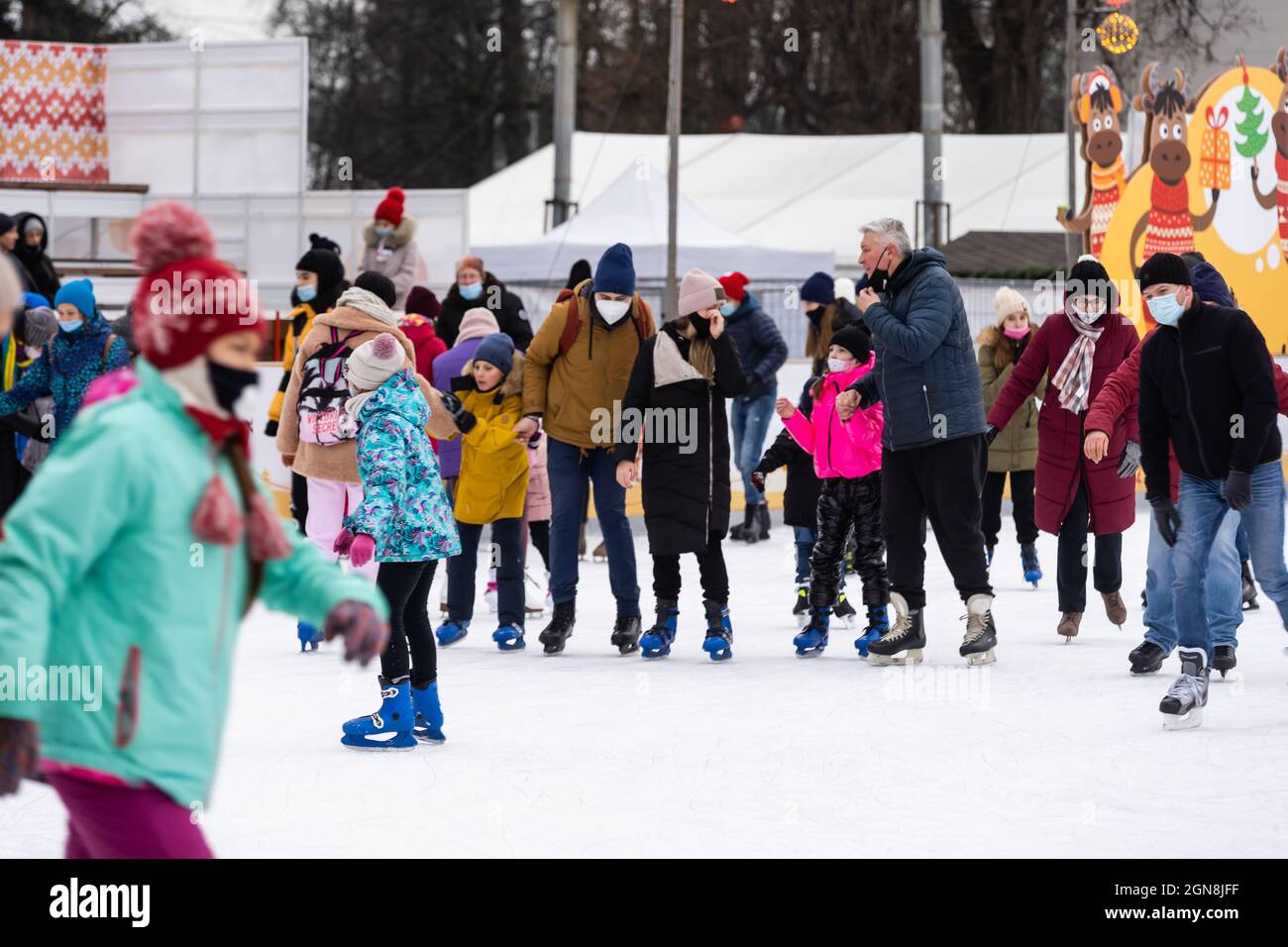 Kiev Ukraine - January 11, 2021: Skating rink on the territory of the ...