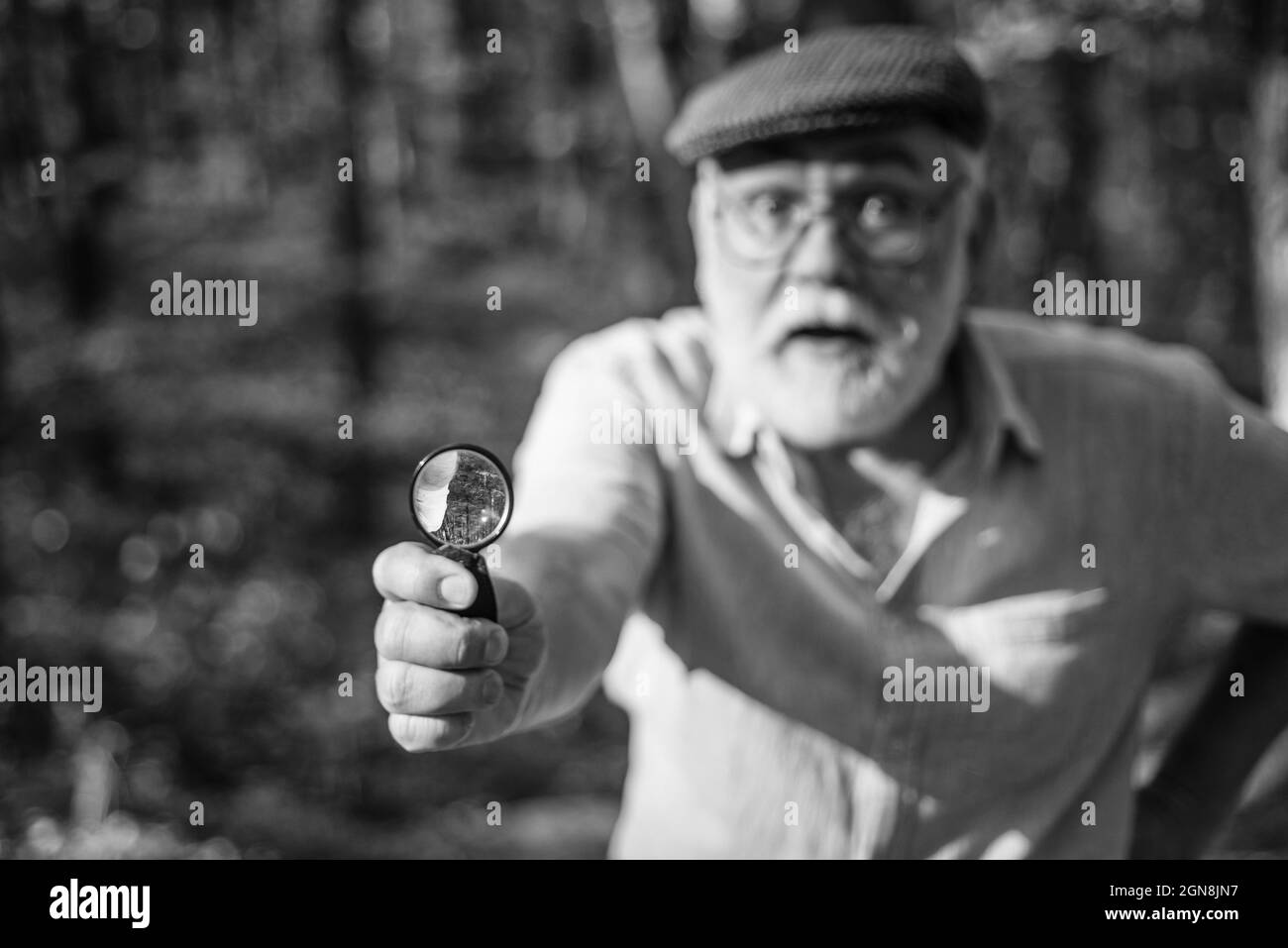 Zoom. Curiosity concept. Picky detective in forest. Explore nature ...