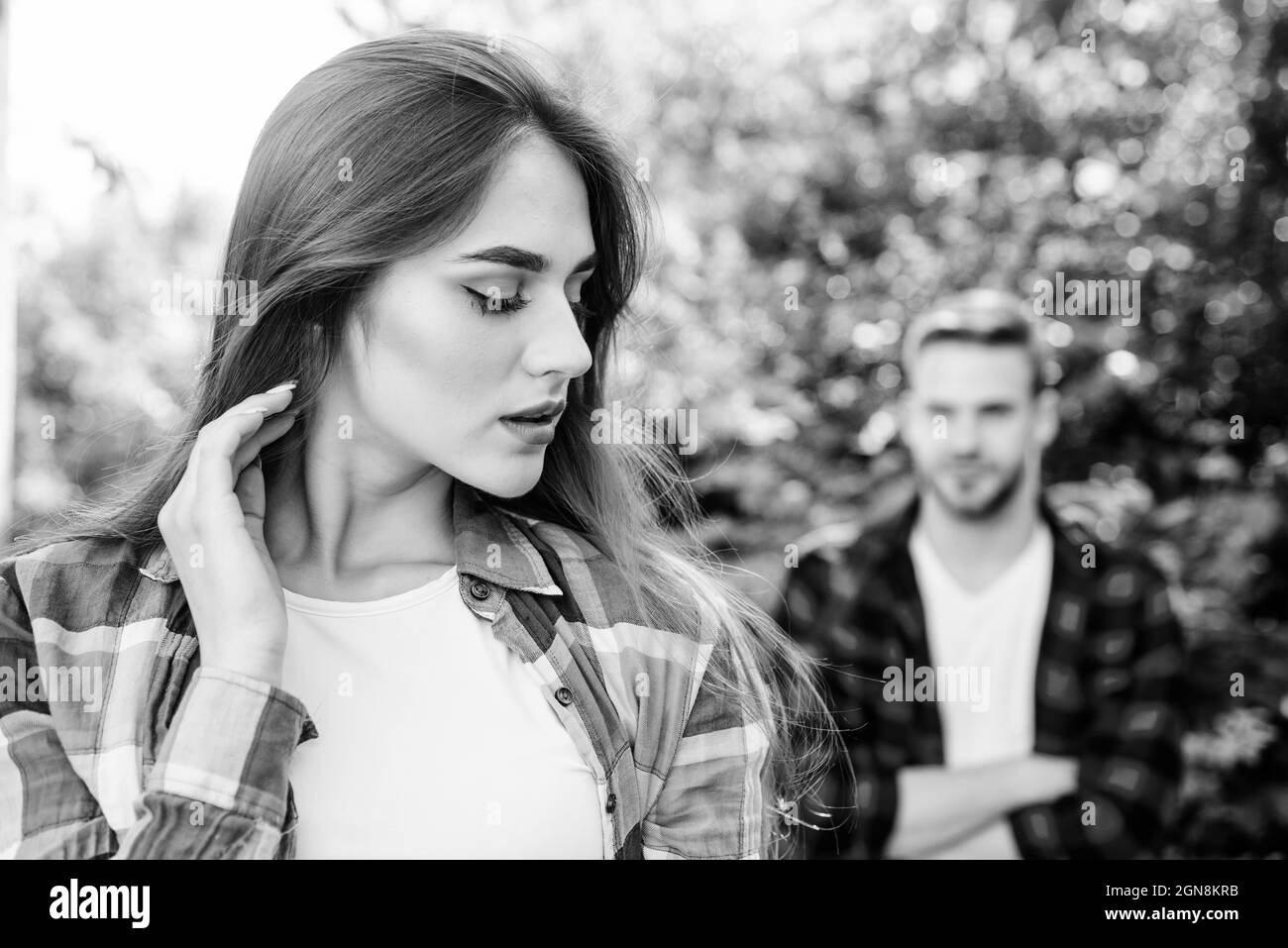 Love story. first meet of couple outdoor. Relationship. woman in ...