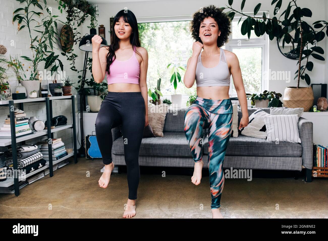 Female friends practicing zumba while exercising in living room Stock ...