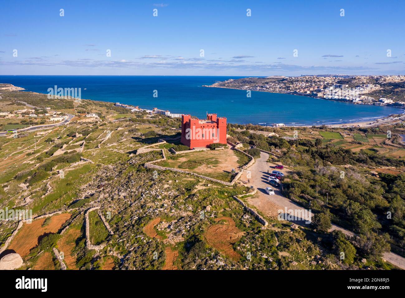 Malta, Northern Region, Mellieha, Aerial view of Saint Agathas Tower ...