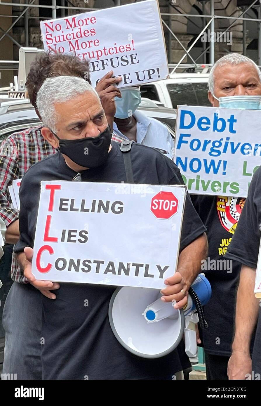 New York, NY, USA. 23rd Sep, 2021. View of a Taxi Driver Rally fighting ...