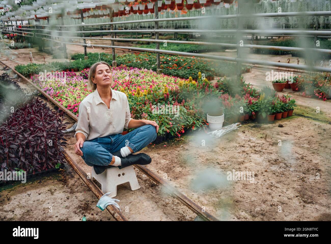 Female farmer meditating while sitting cross-legged in plant nursery ...