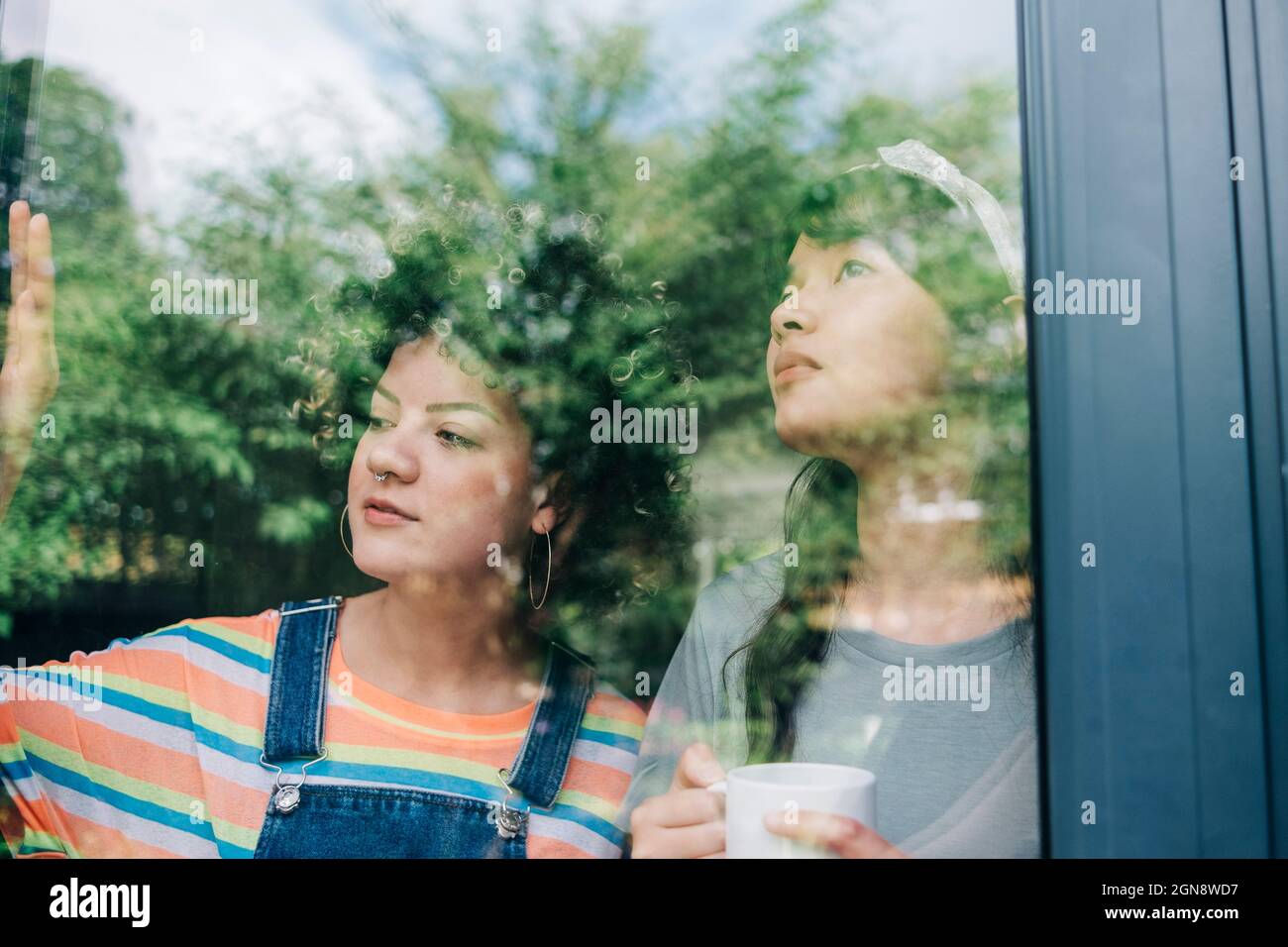Friends looking through house window Stock Photo - Alamy